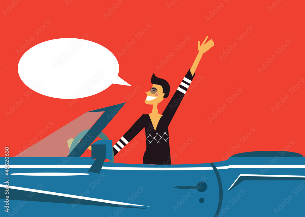 Cartoon Comics Funny man car driver with a hand up auto concept Stock ...