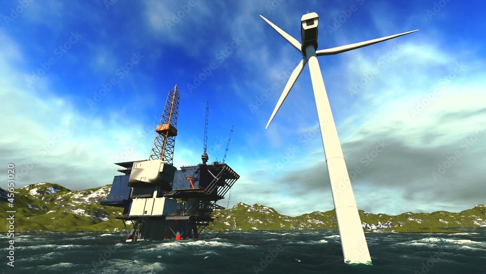 Oil rig platform and wind turbines off shore Stock ビデオ | Adobe Stock