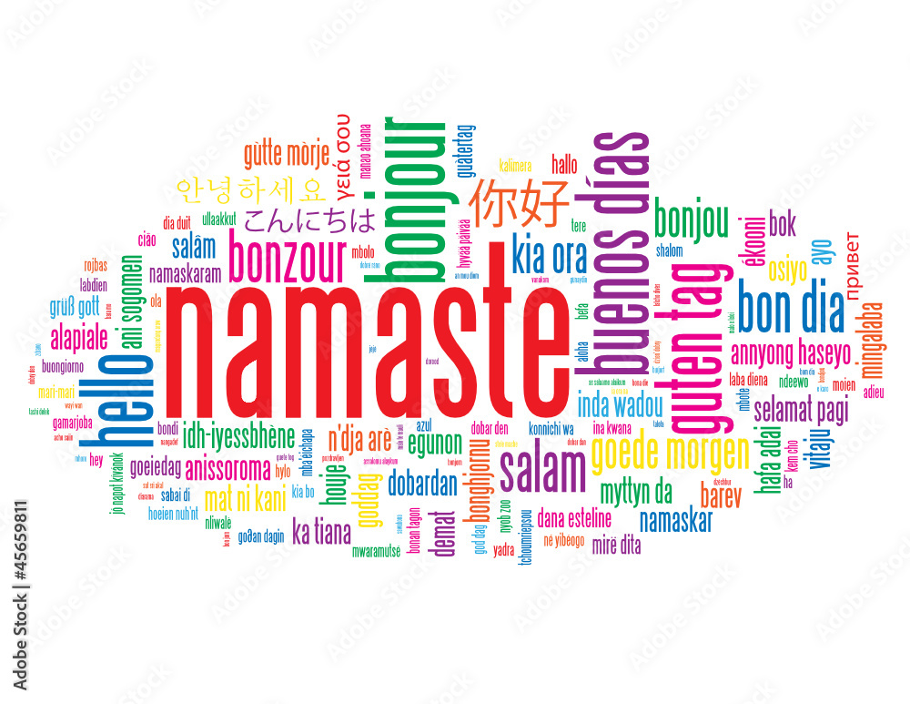 "NAMASTE" Tag Cloud (greetings salutation hello respect welcome) Stock ...