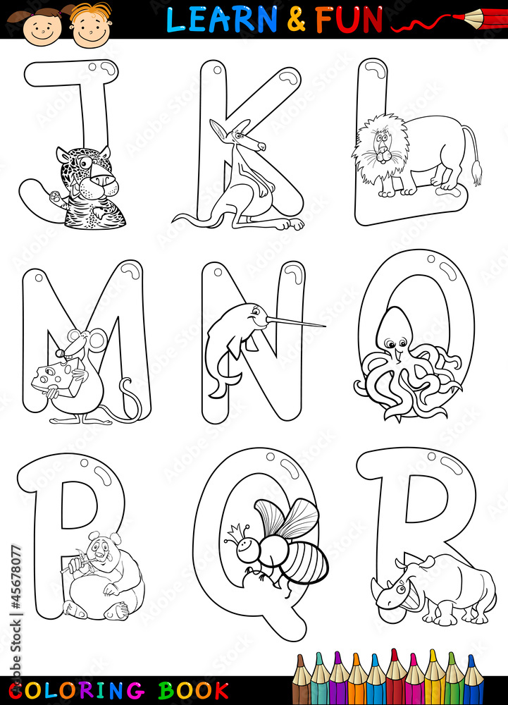 Cartoon Alphabet with Animals for coloring Stock Vector | Adobe Stock