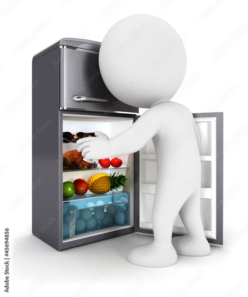 3d white people opens a fridge door Stock Illustration | Adobe Stock