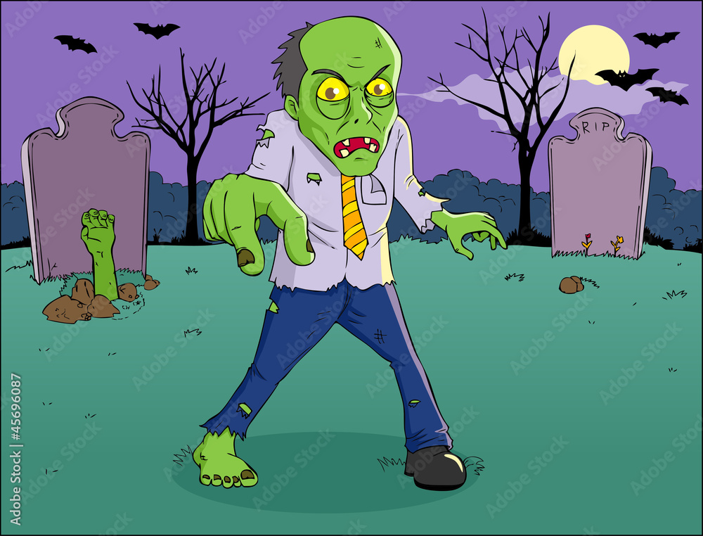 Cartoon illustration of a zombie on graveyard Stock Vector | Adobe Stock