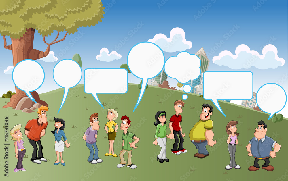 Cartoon people talking with speech balloon icons on green park Stock ...