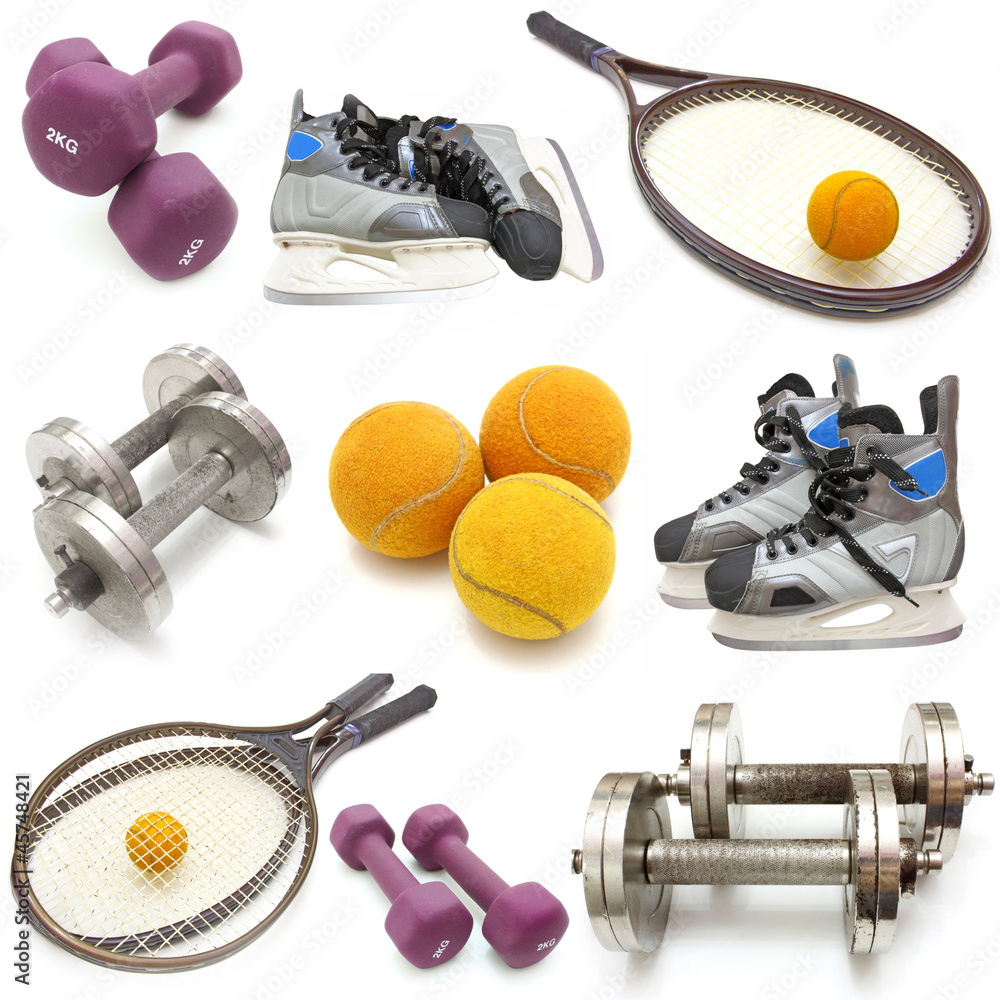 sports equipment collage. Isolated on white background. Stock Photo ...