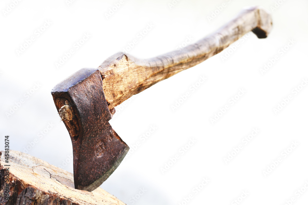 Image of the axe in a log over white background Stock Photo | Adobe Stock