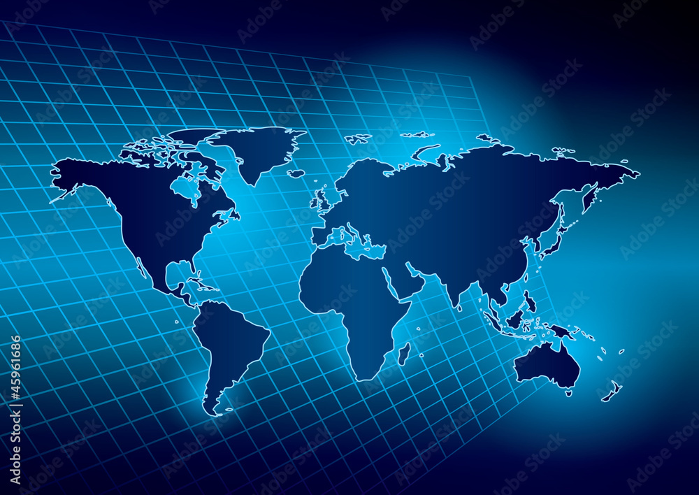 bright abstract blue background with map of the world - vector Stock ...