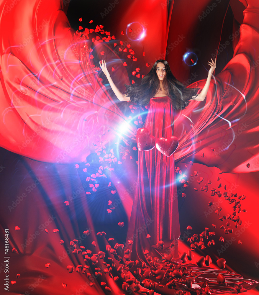 goddess of love in red dress with magnificent hair connecting he Stock ...