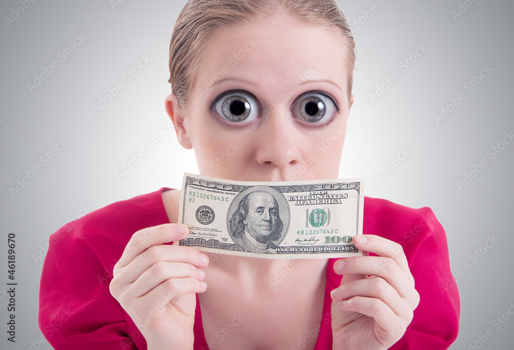 money concept. woman with a big eyes and mouth closed dollar Stock ...