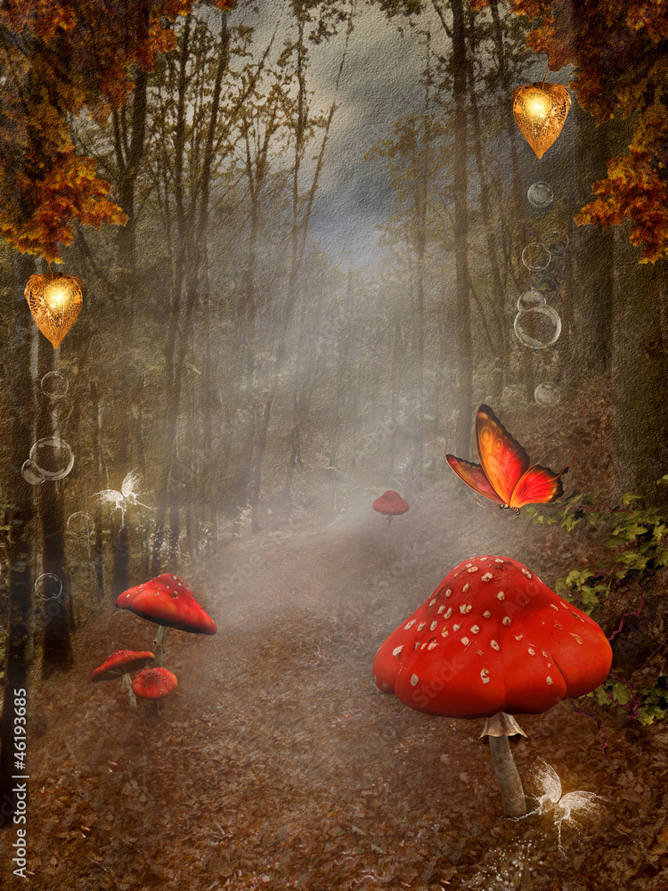 Enchanted nature series - autumnal pathway with red mushrooms Stock ...