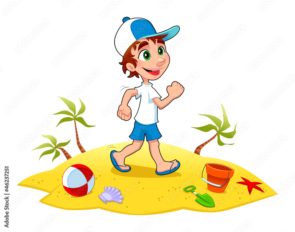 Boy is walking on the sand. Vector and cartoon illustration. Stock ...
