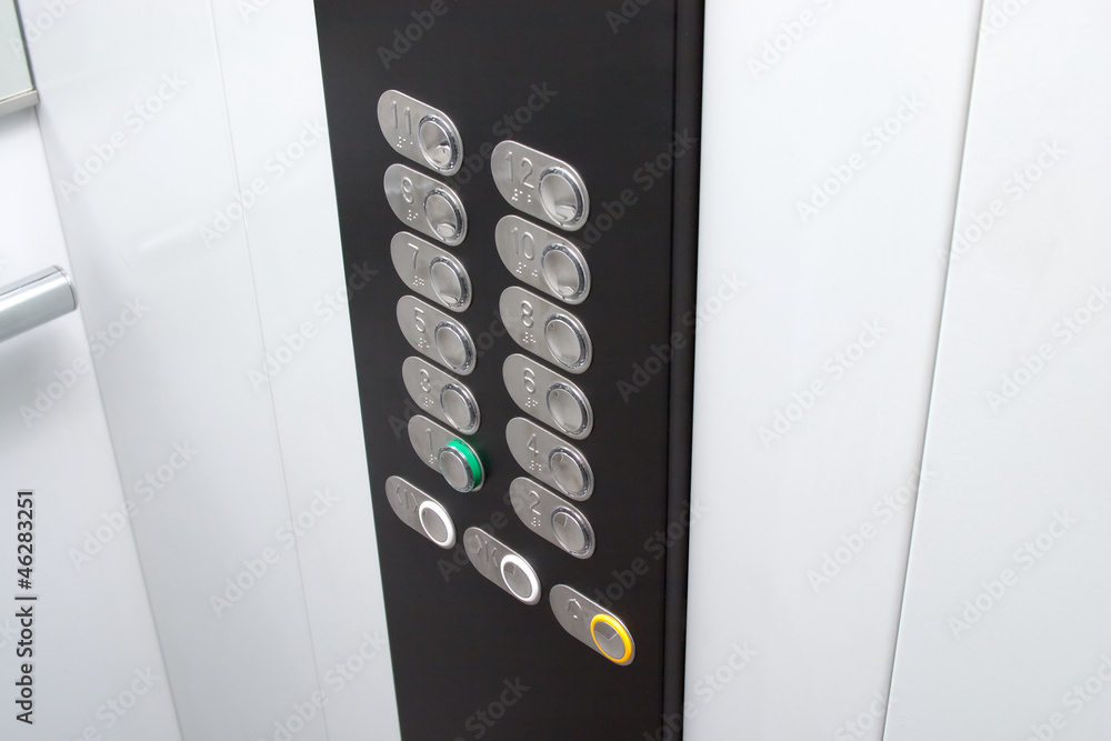 Elevator black control panel with silver metal buttons Stock Photo ...