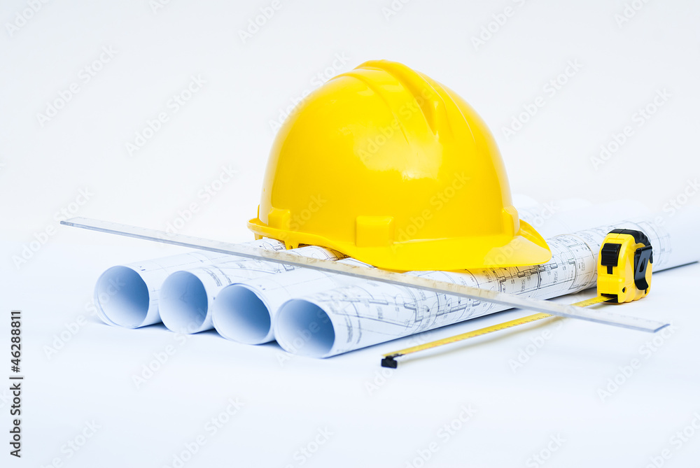 construction helmet and hause project drawings Stock Photo | Adobe Stock
