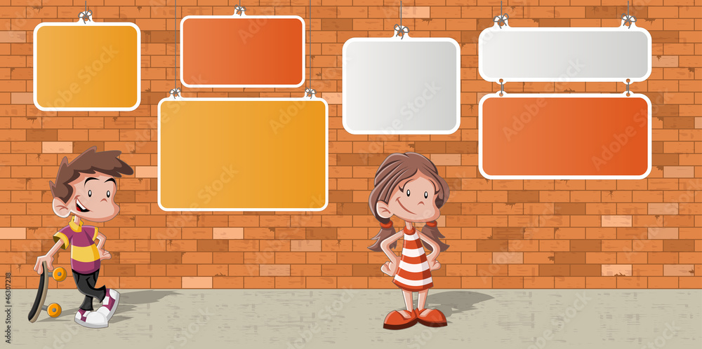 cartoon children in front of orange brick wall background Stock Vector ...