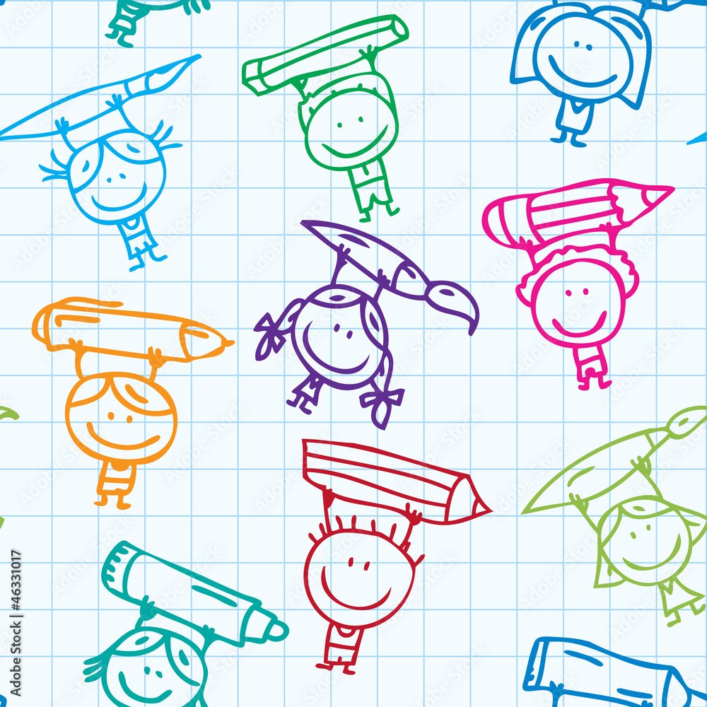 Seamless doodle background of happy drawing kids Stock Vector | Adobe Stock
