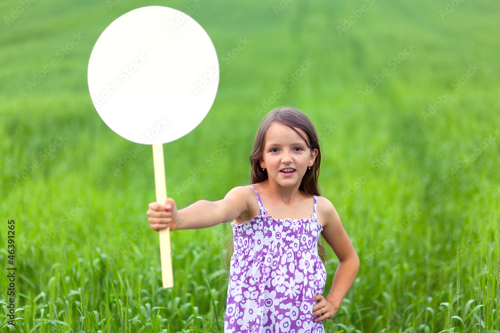 Cute little girl on neutral background holding sign used for you Stock ...