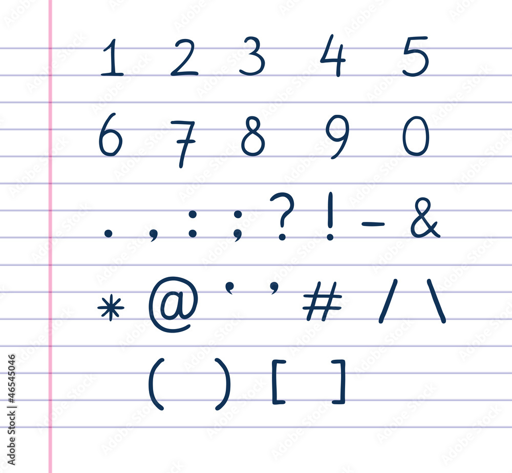 Several handwritten numbers and text symbols on lined paper. Stock ...