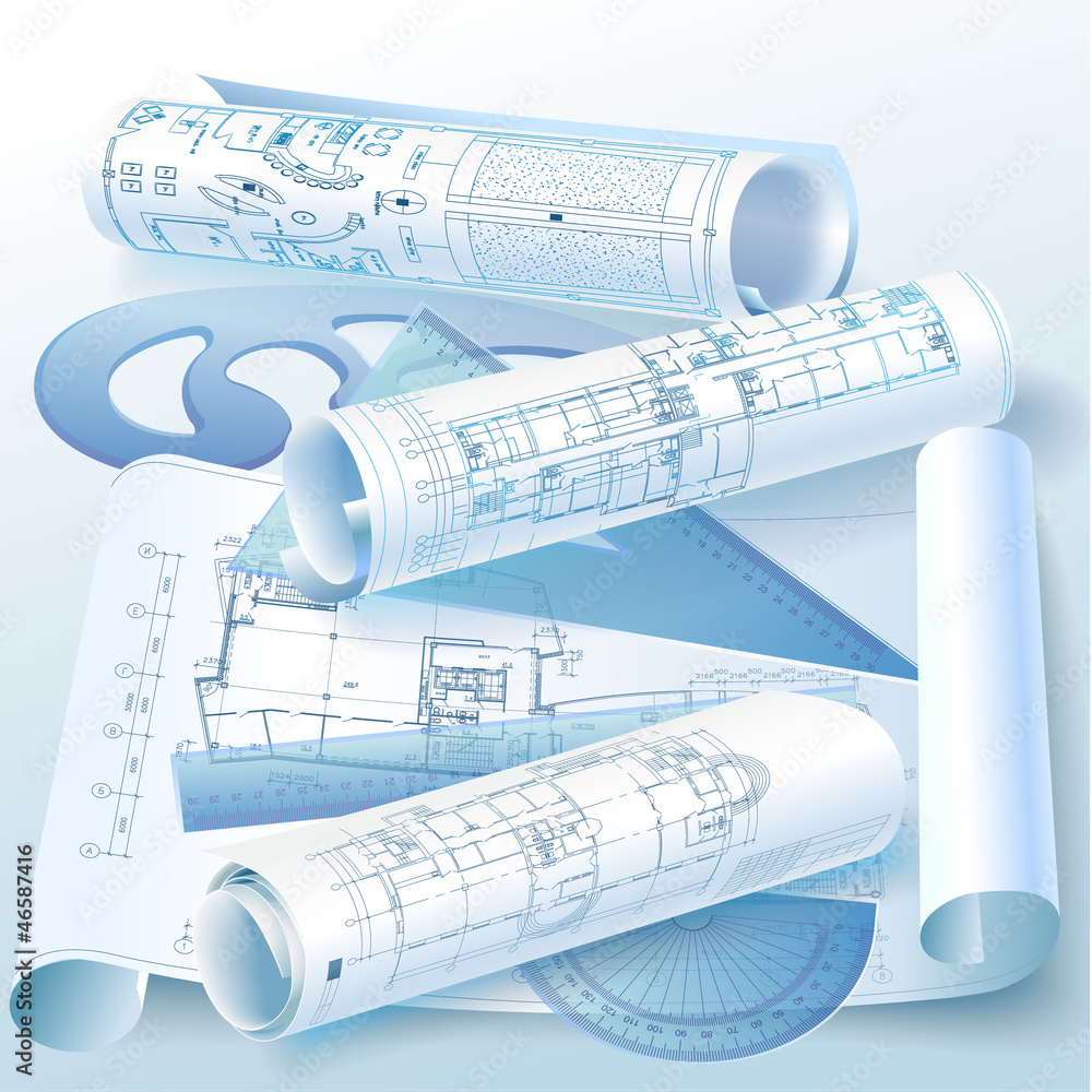 Architectural background with drawing tools and rolls of drawing Stock ...