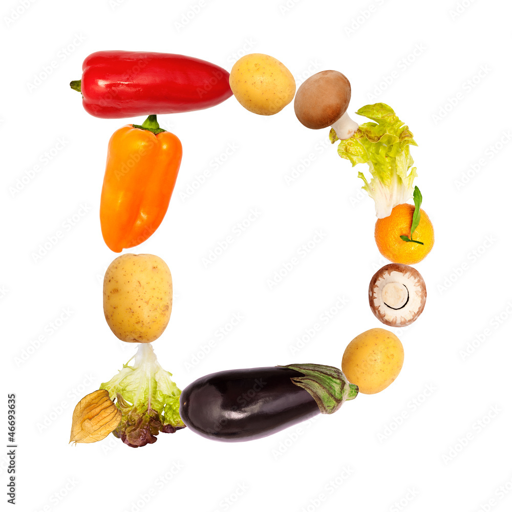 Buchstabe D aus verschiedenem Obst und Gemüse, komplette Schrif Stock ...