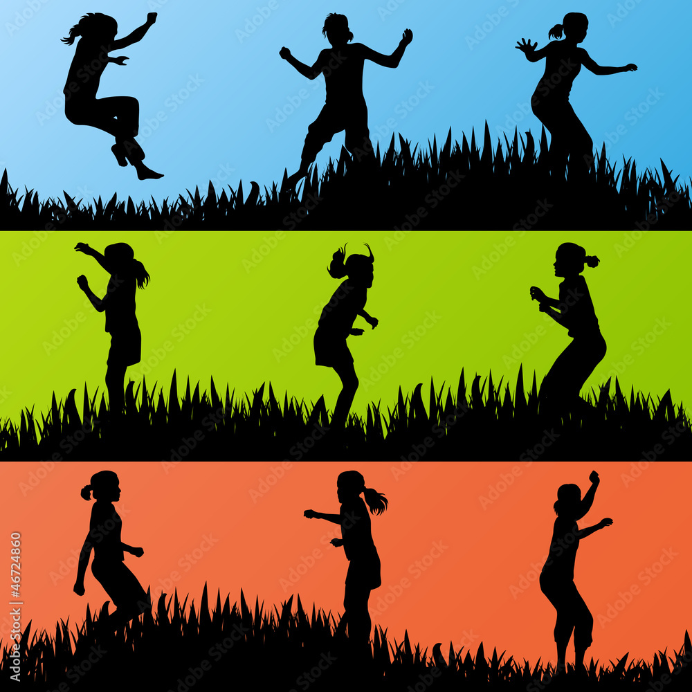 Colorful jumping children silhouettes background vector Stock Vector ...