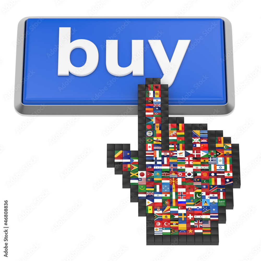 Buy button and hand cursor with flags of the world. Stock Illustration ...