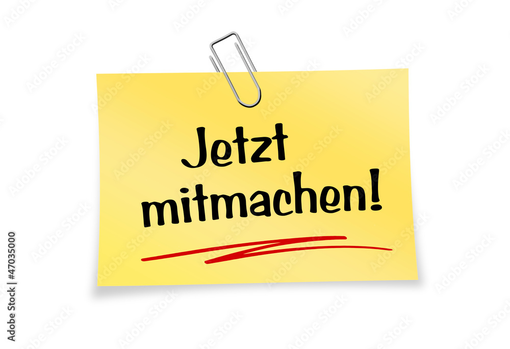 Gelber Notizzettel mit Büroklammer - Jetzt mitmachen! Stock ...