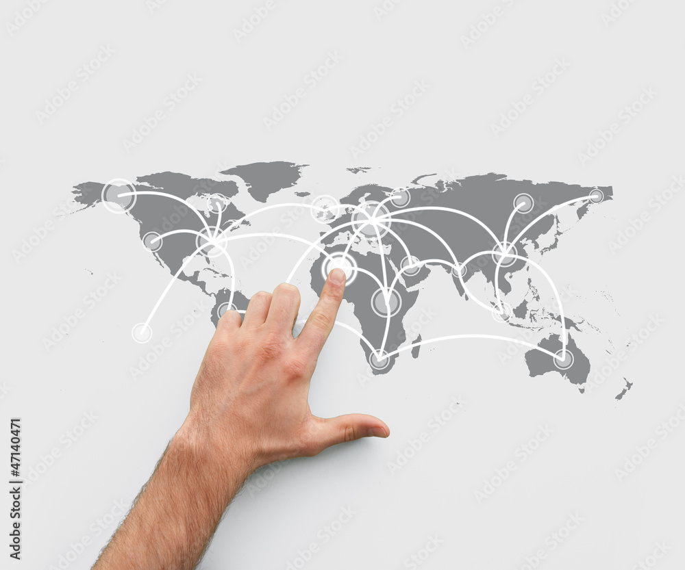 Finger pointing a map showing world connections Stock Photo | Adobe Stock