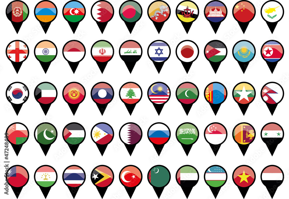 Flags of Asian countries like pins Stock Vector | Adobe Stock