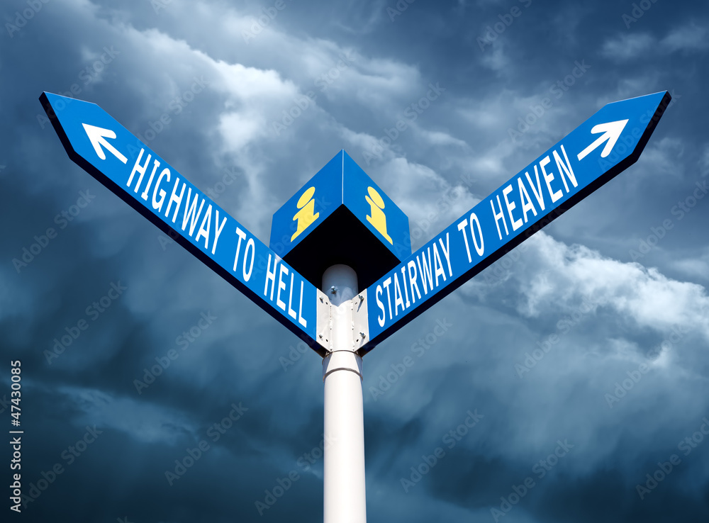 Hell and heaven road signs Stock Photo | Adobe Stock