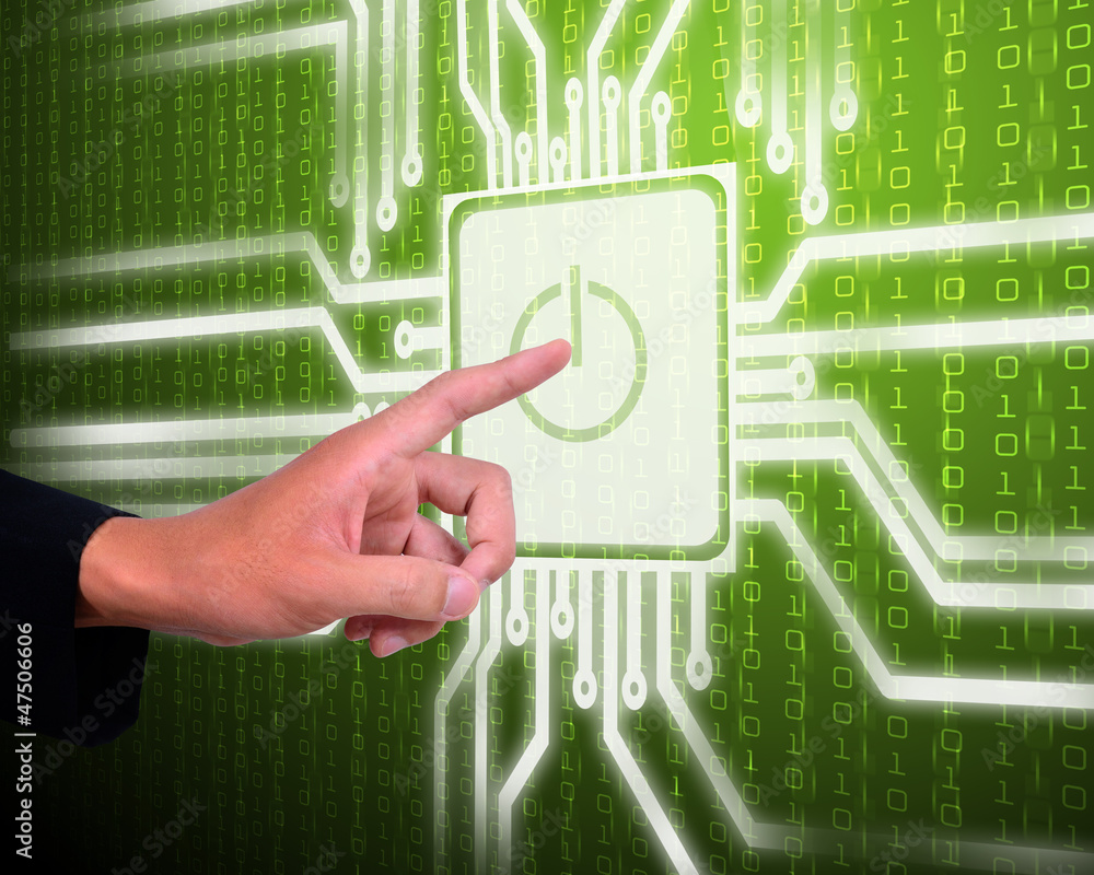 Screen of security network with power on symbol and hand Stock Photo ...