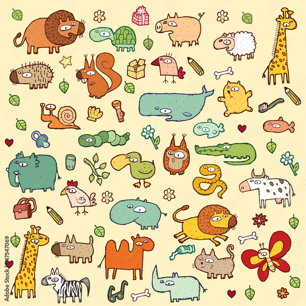 Cute Animals SET XL in colors wall mural wallpaper | Muraledesign.com