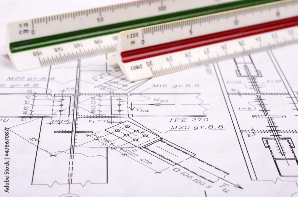plan , scale ruler on a technical drawing with selective focus Stock ...