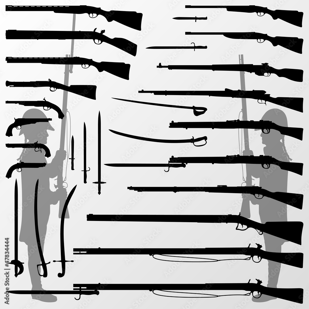 Vintage old war and hunting weapons, rifles, guns, swords and so Stock ...
