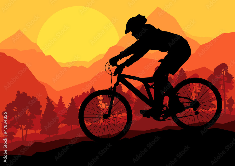 Mountain bike riders in wild forest mountain nature landscape ve Stock ...