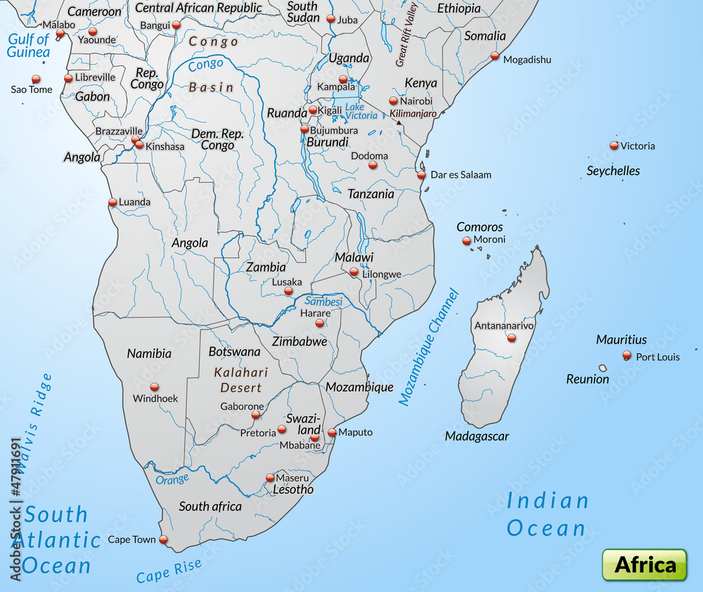 Landkarte vom Südteil Afrikas mit Gewässerflächen Stock Vector | Adobe ...