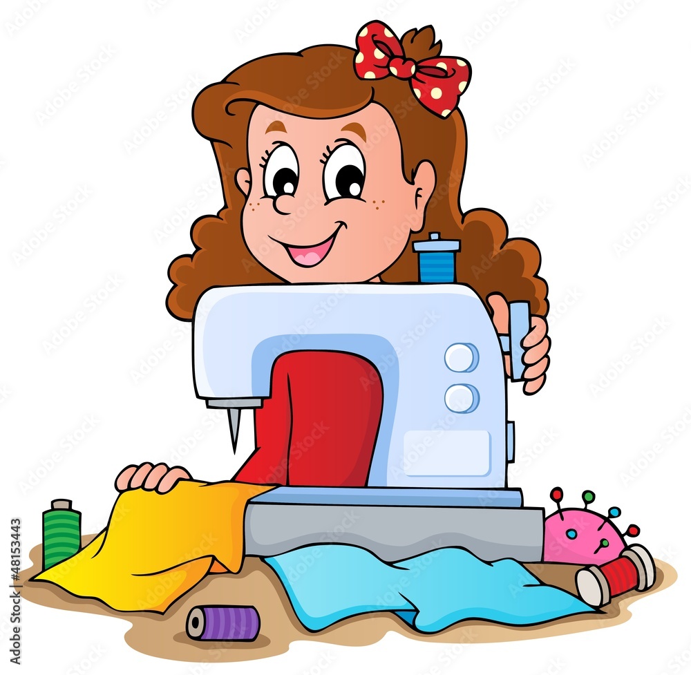 Cartoon girl with sewing machine Stock Vector | Adobe Stock