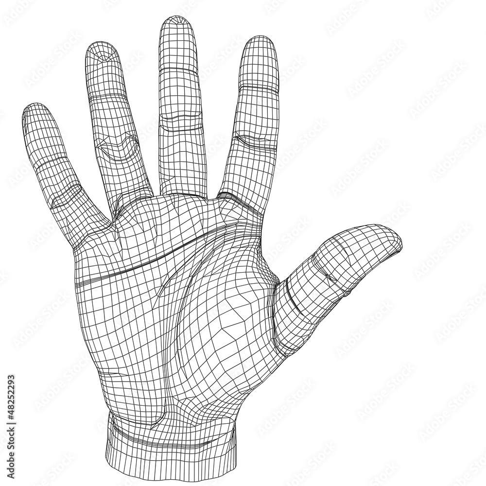 High resolution conceptual 3D cyber white wireframe human hand Stock ...