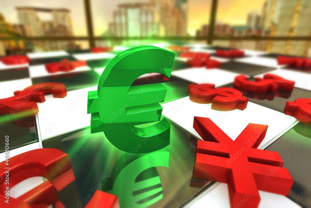Green Euro dollar Symbol with red international currencies on a Chess ...