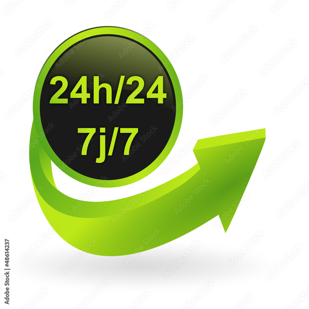 Vecteur Stock bouton 24 heures sur 24 7 sur 7 flêche verte | Adobe Stock