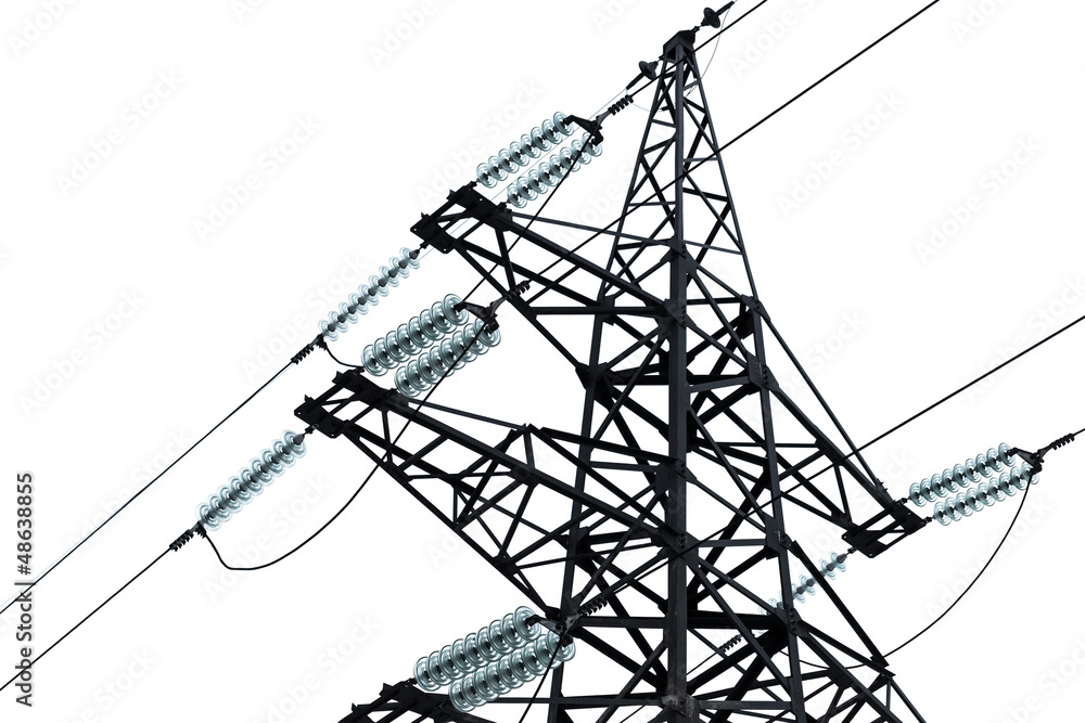 High voltage power lines and big pylon isolated on white Stock Photo ...