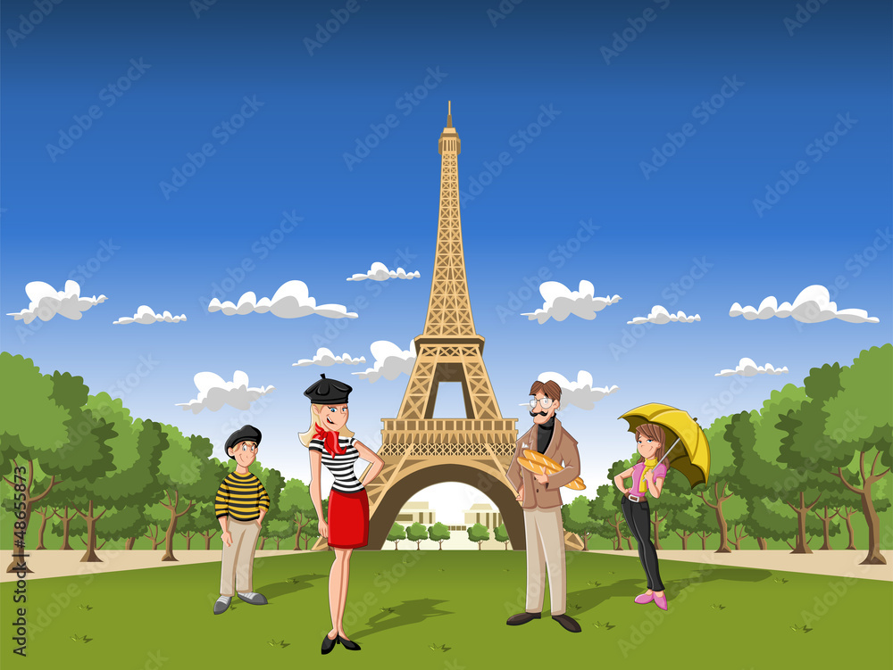 Fashion french cartoon family in Paris, with the Eiffel Tower Stock ...