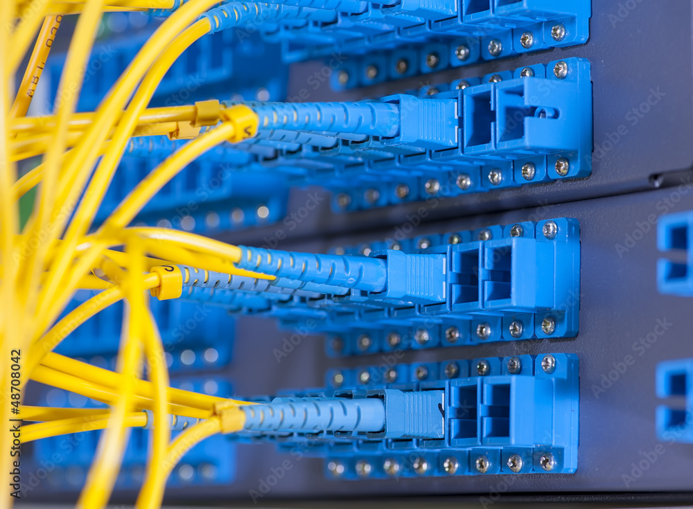 fiber optical network cables patch panel and switch Stock Photo | Adobe ...