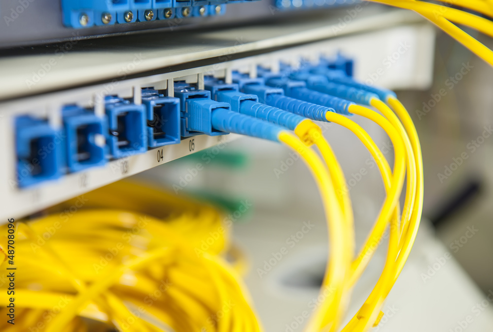 fiber optical network cables patch panel and switch Stock Photo | Adobe ...