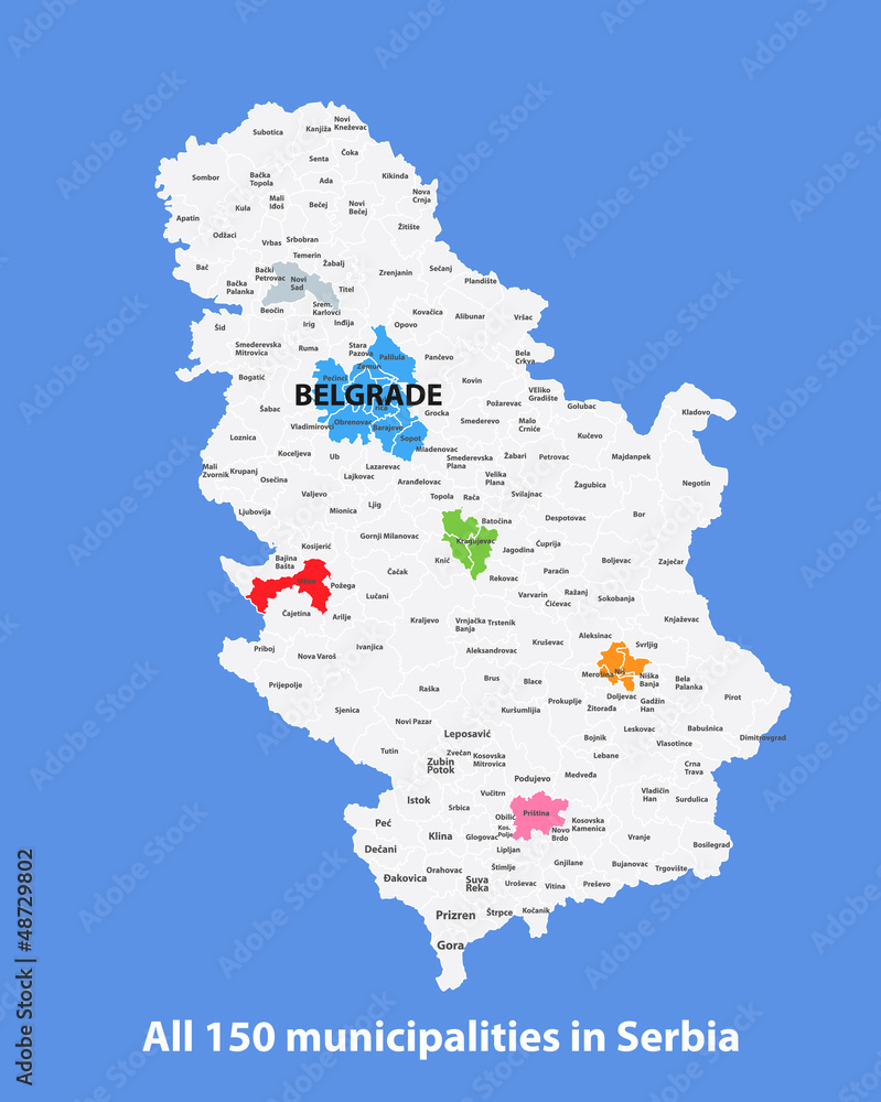 Political map of Serbia with ALL MUNICIPALITIES Stock Vector | Adobe Stock
