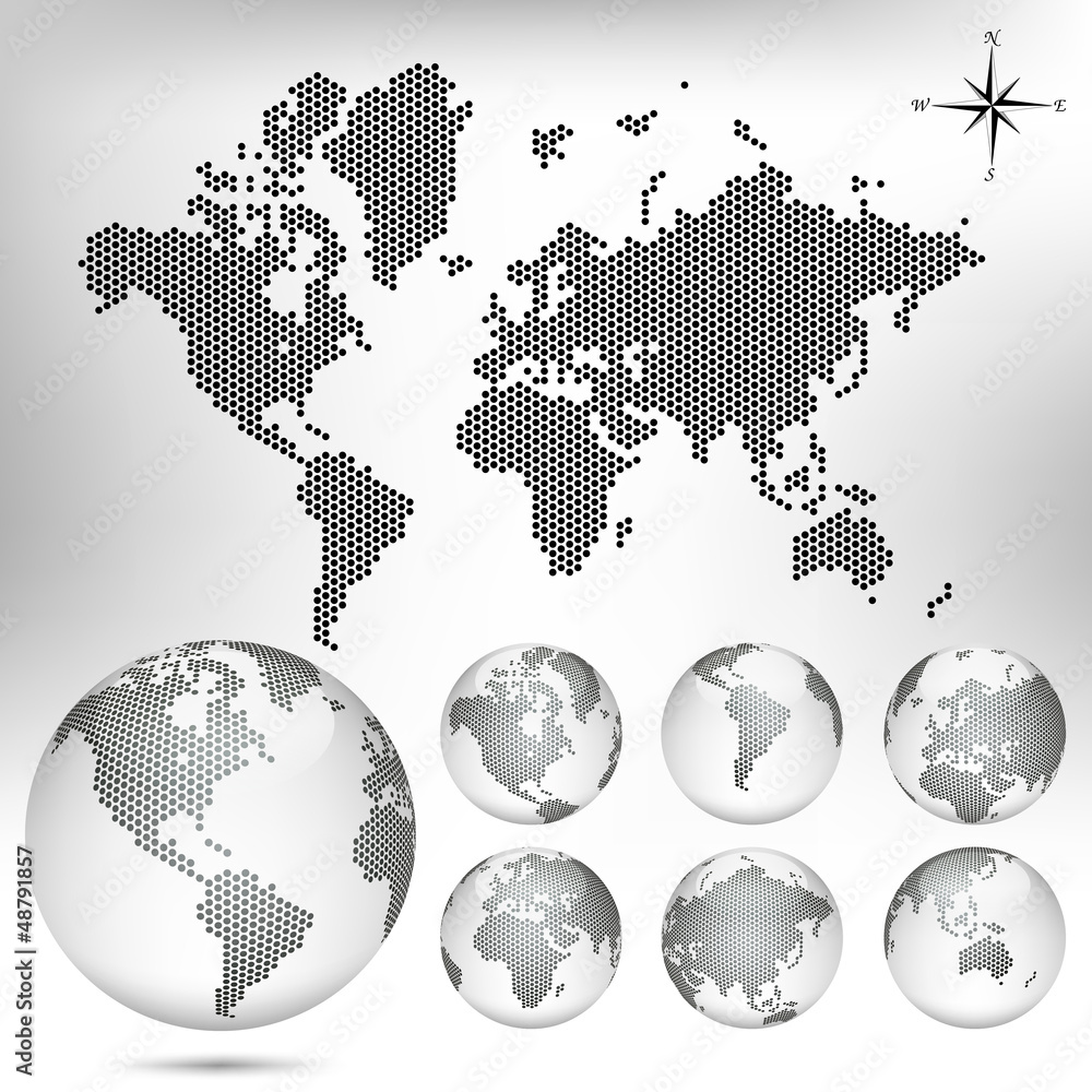 Vector dotted 3d Map and Globe of the World continent Gray set: America ...
