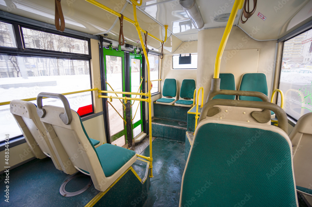 Interior of modern city articulated bus. Back side of bus with s Stock ...