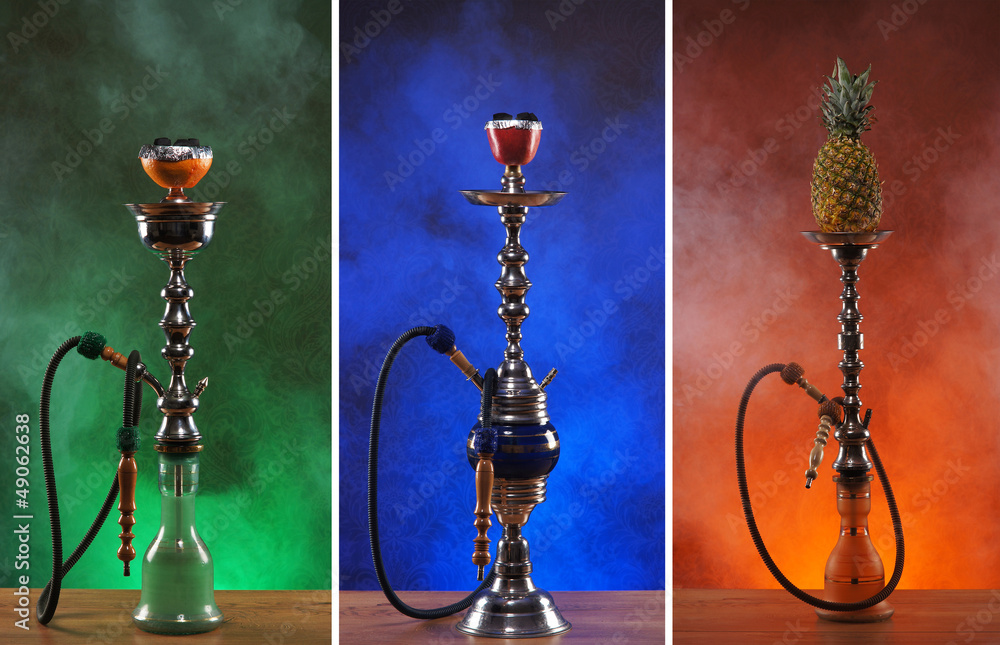A collage of beautiful ceramic hookahs on different backgrounds Stock ...