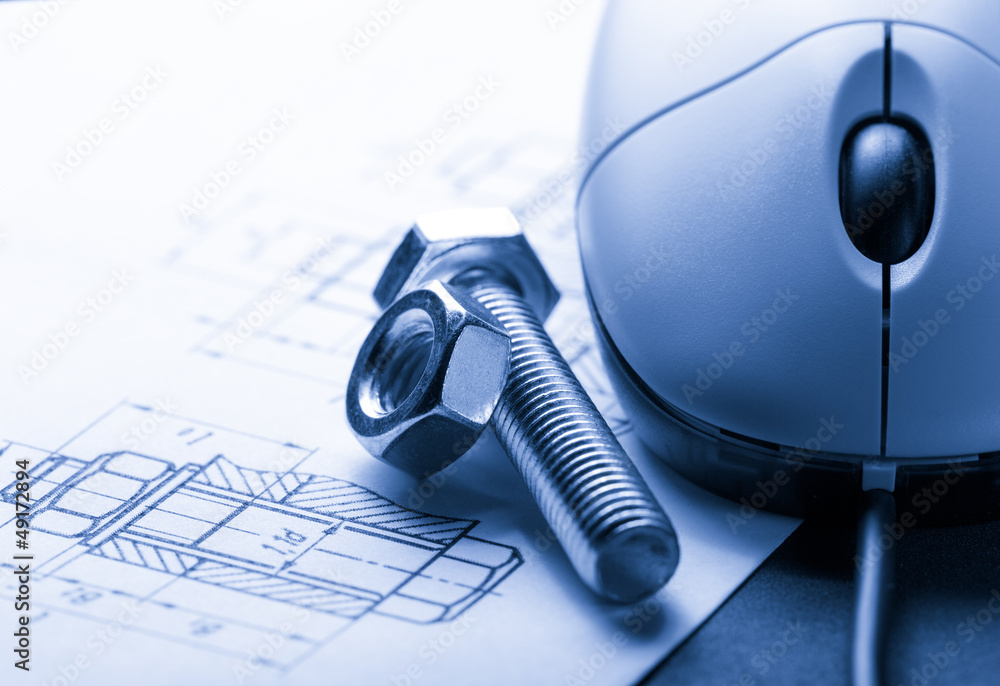 Drafting, mouse and screw bolt with nut Stock Photo | Adobe Stock