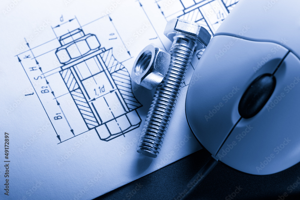 Drafting, mouse and screw bolt with nut Stock Photo | Adobe Stock