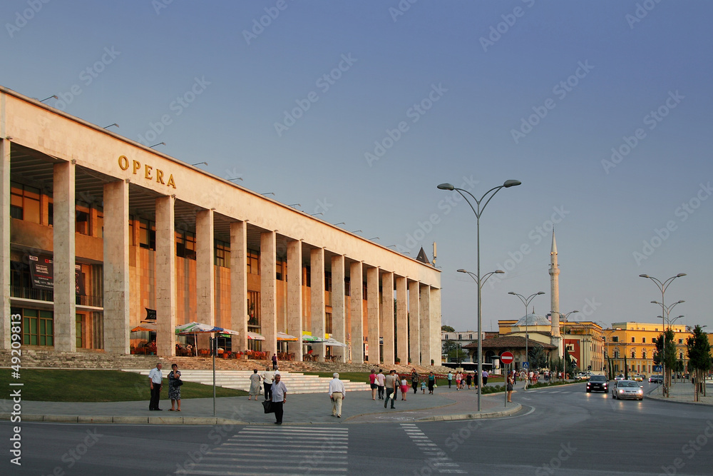 Tirana, Albania, Opera House at Skanderbeg Square, at Dusk Stock Photo ...