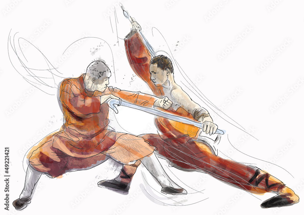 Kung Fu, Chinese martial art. /// Hand drawing into vector Stock Vector ...